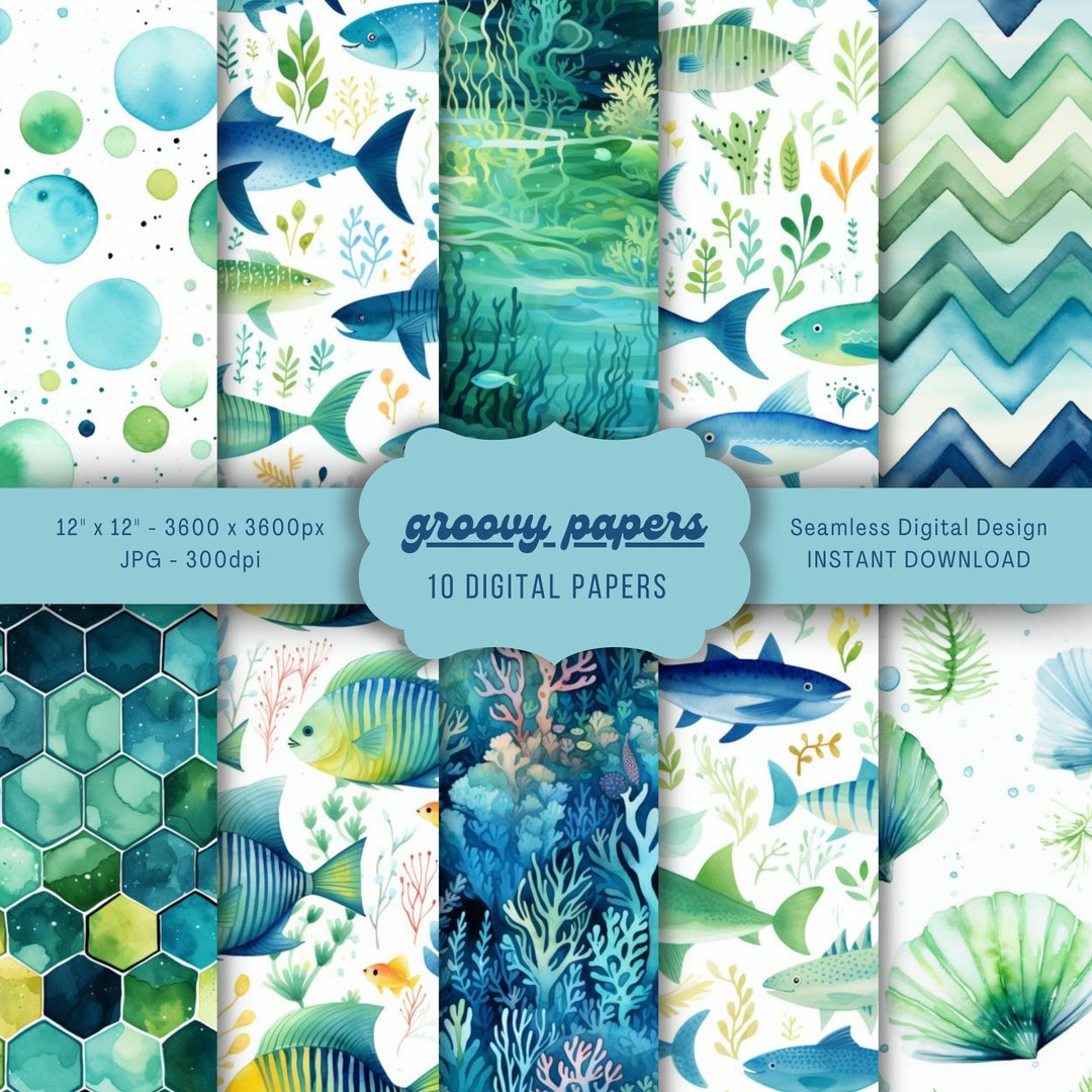 Ocean Life Watercolors Digital Paper Pack - 10 Designs - Seemless ...
