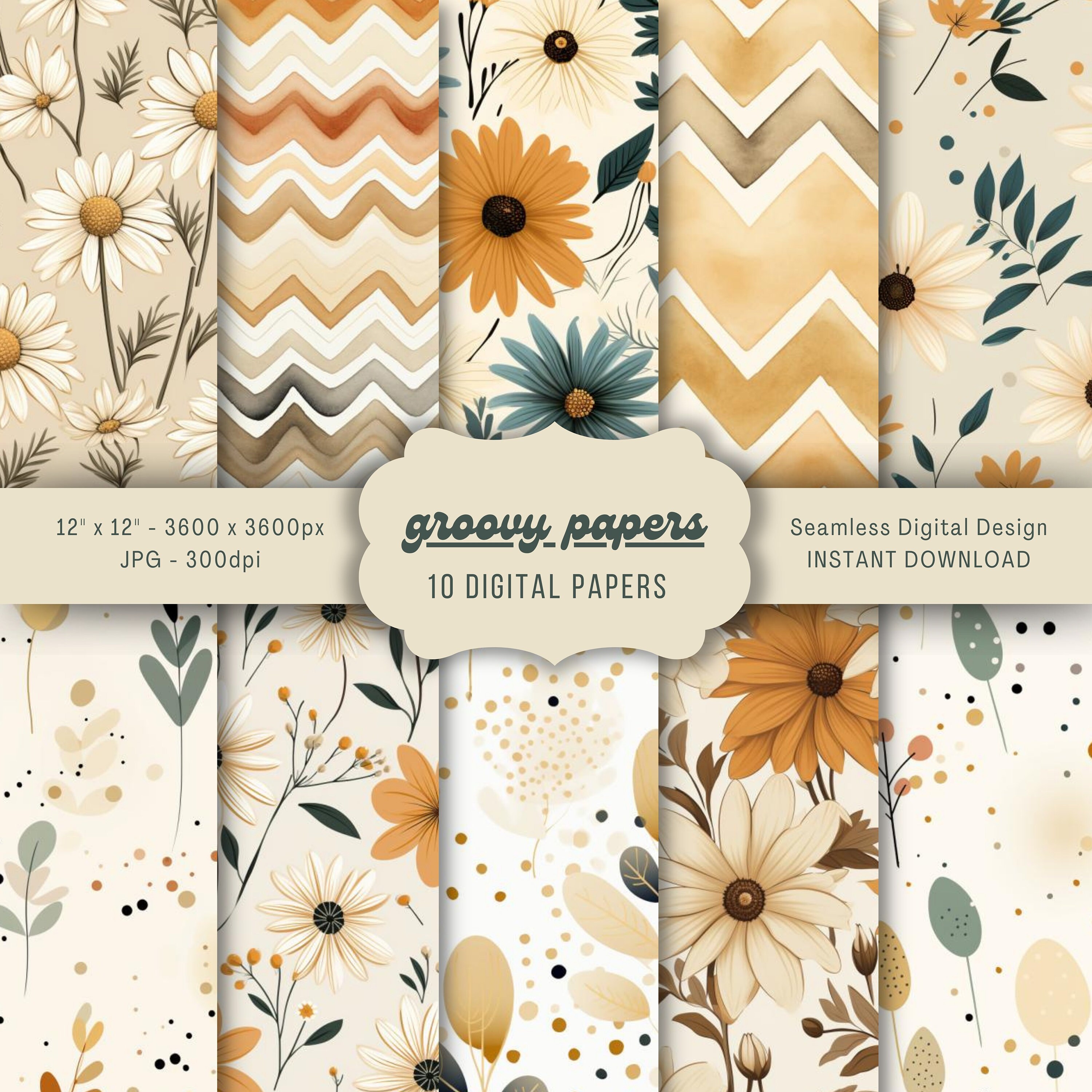Neutral Boho Flower Digital Paper Pack - 10 Designs - Seemless Pattern ...