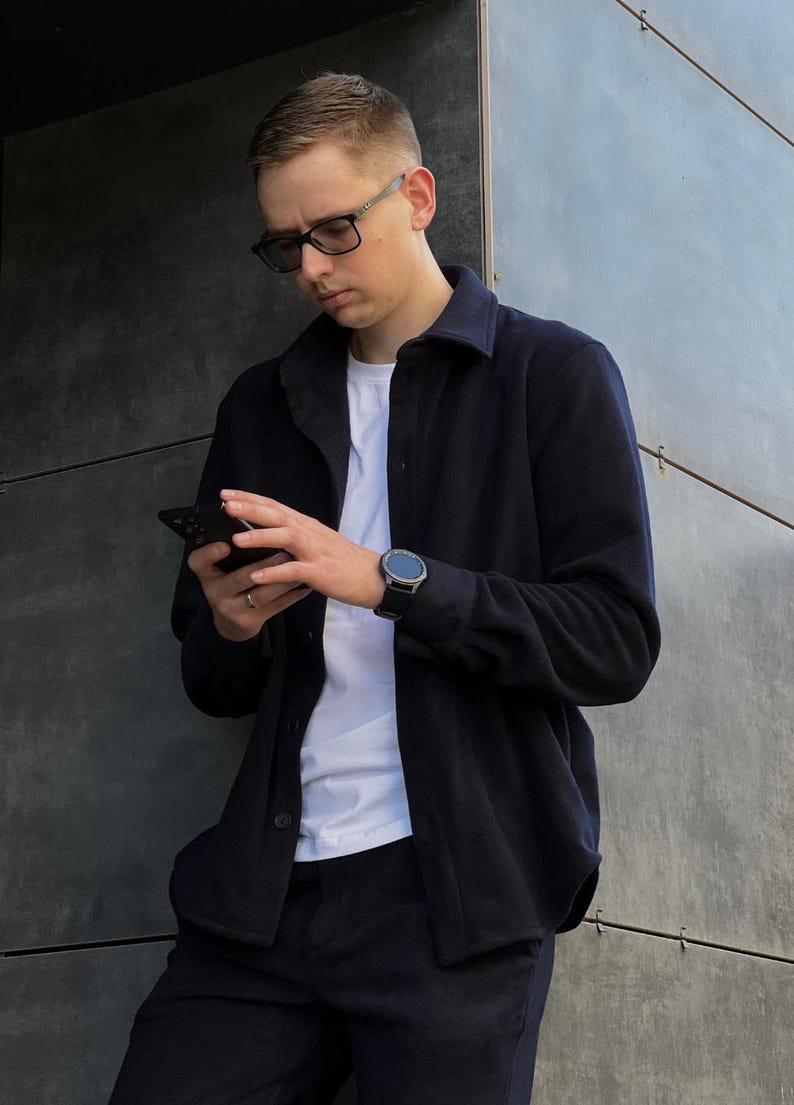 Men’s Navy Blue Fleece Overshirt – Dark Blue Button-up Shirt Jacket ...