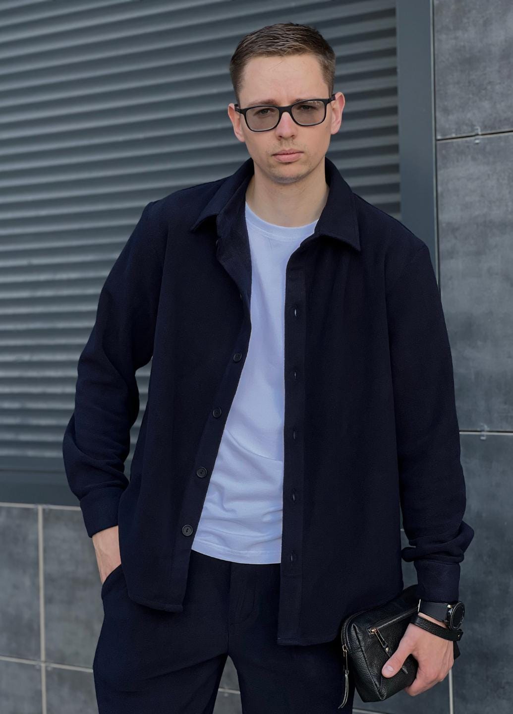 Men’s Navy Blue Fleece Overshirt – Dark Blue Button-up Shirt Jacket ...