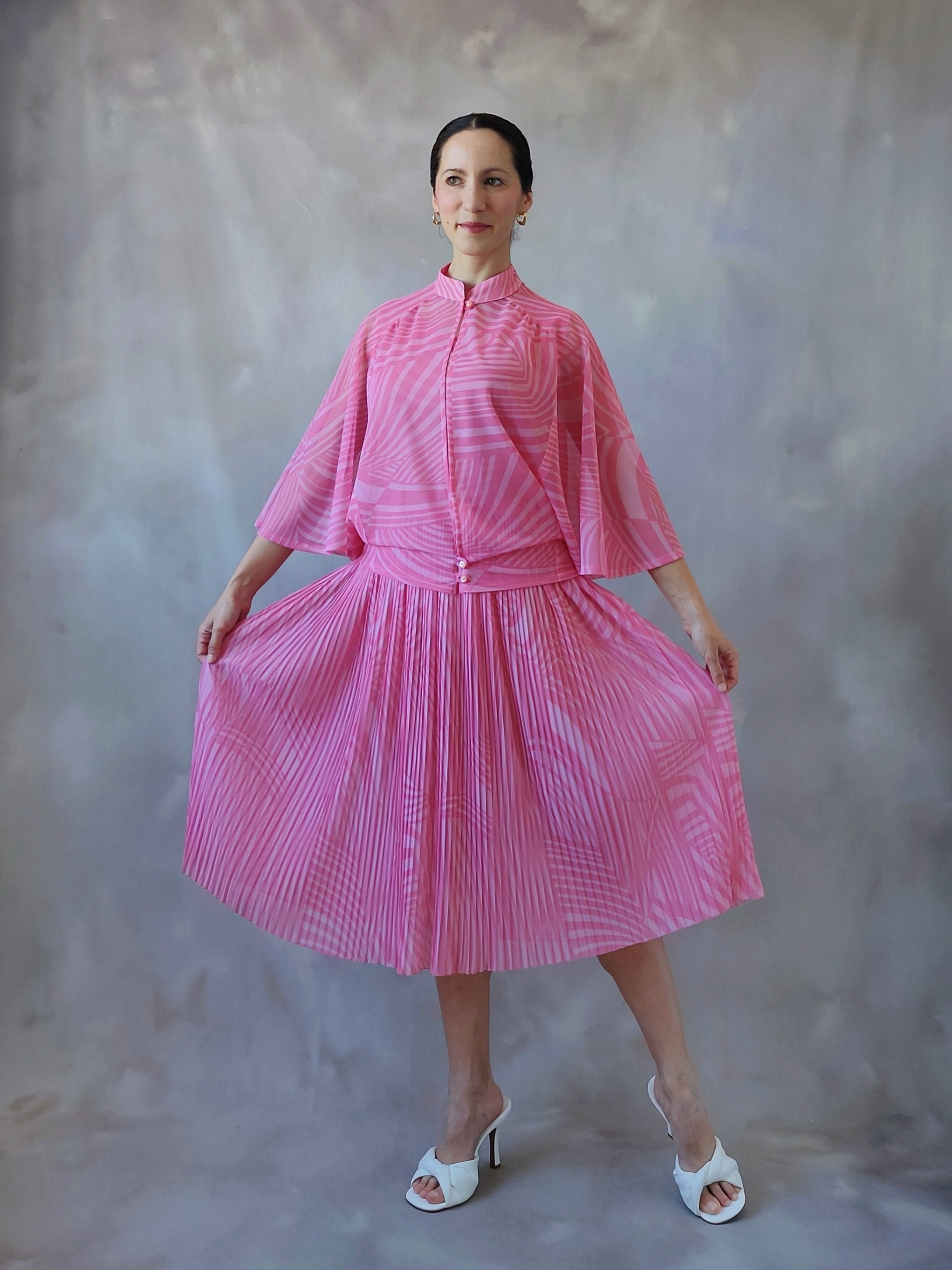 Vintage Pink Dress and Capelet Matching Set, 70s Stripe Printed ...