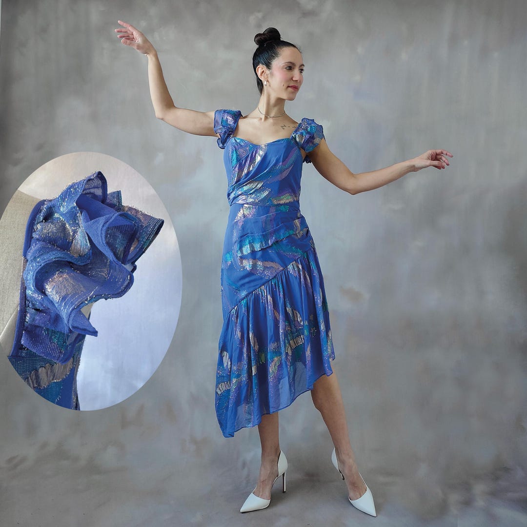 Vintage Blue Silk Ruffled Wrap Dress With Asymmetric Skirt, Vintage ...