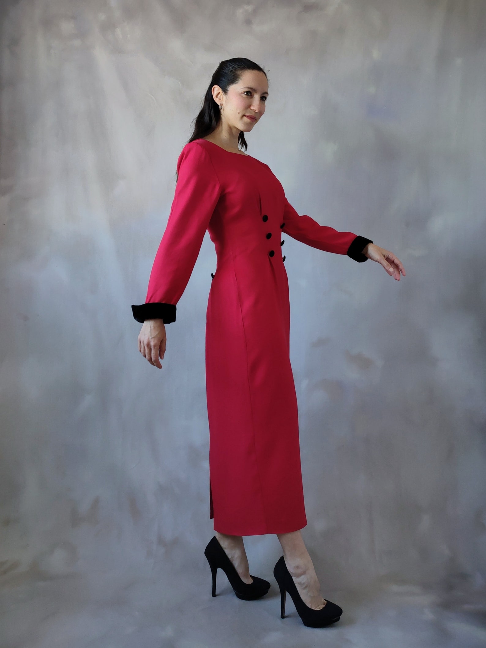 Vintage Red Unique Cocktail Dress, 40s Style Red Long Sleeve Elegant ...