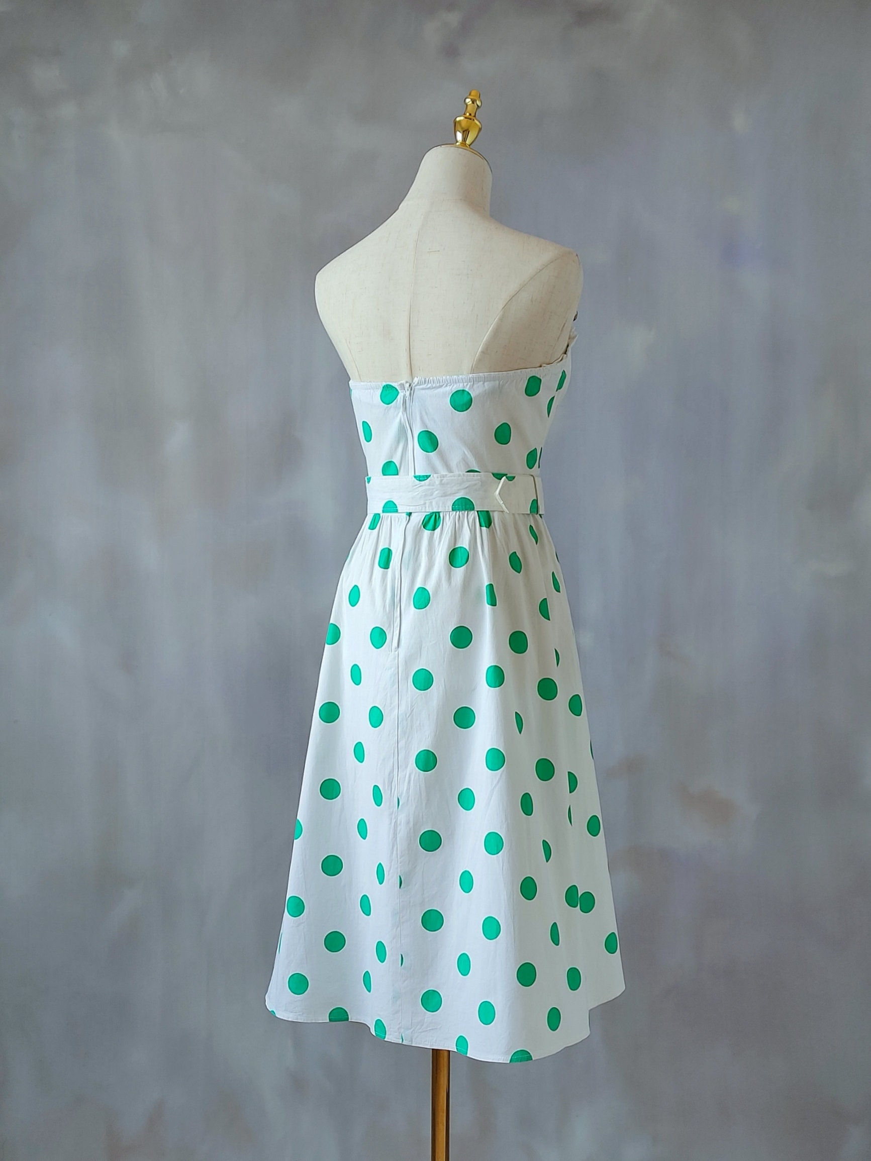 Green And White Polka Dots Swing Dress For Women White Strapless
