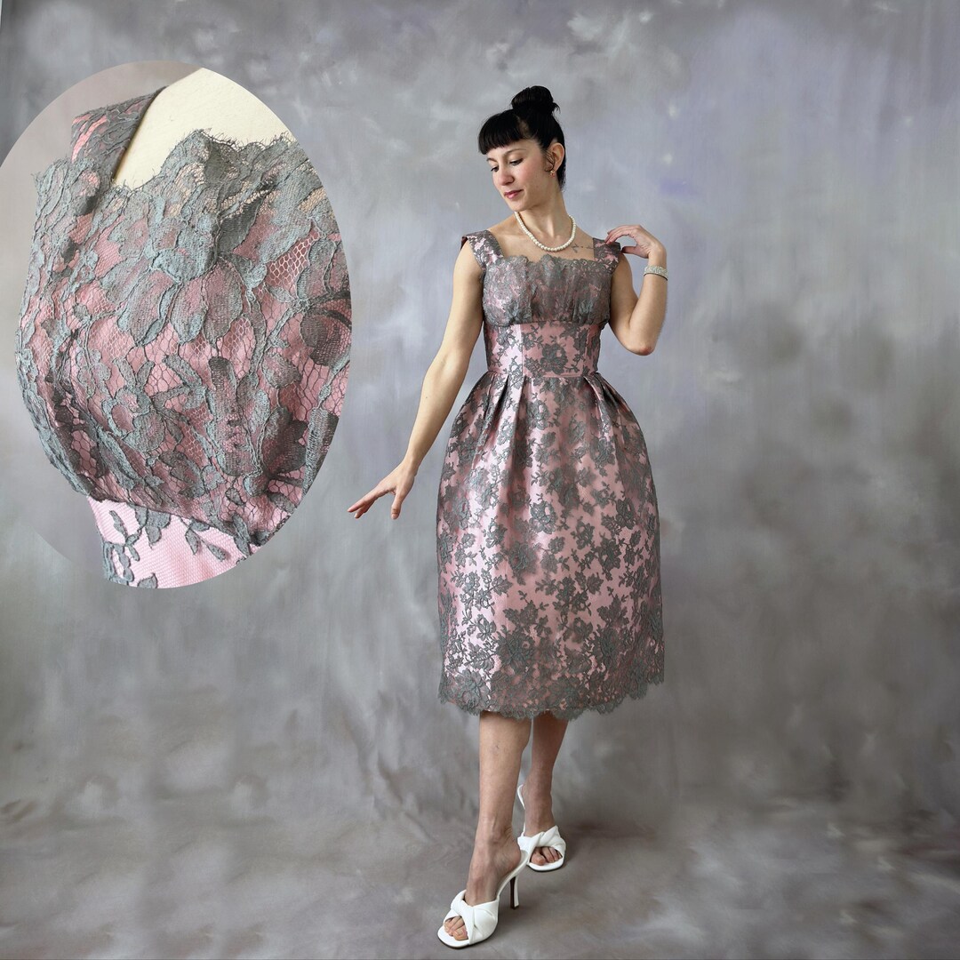 Vintage 1950s Cocktail Dress, Vintage Fit and Flare Pink Satin and Gray ...
