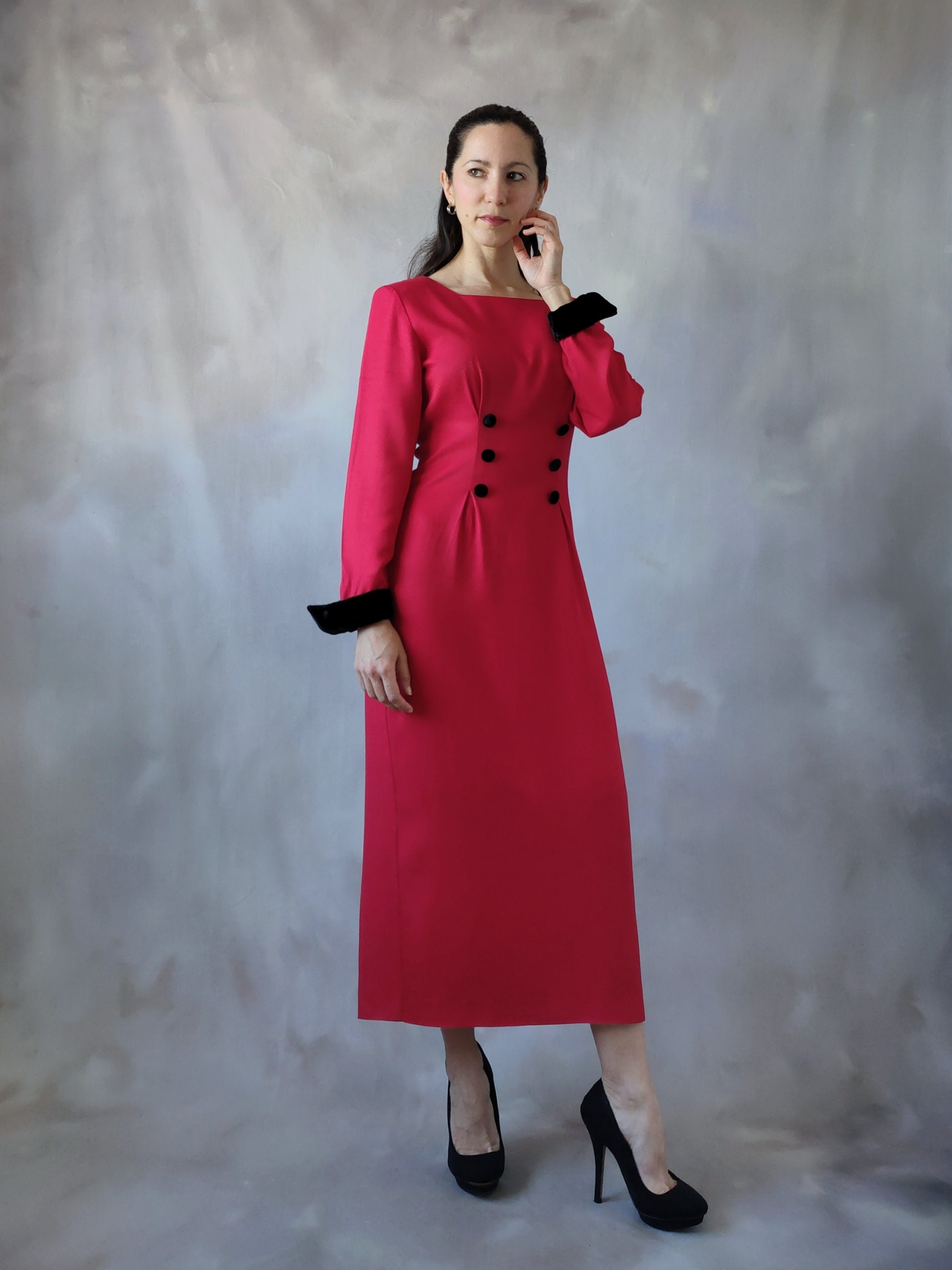 Vintage Red Unique Cocktail Dress, 40s Style Red Long Sleeve Elegant ...