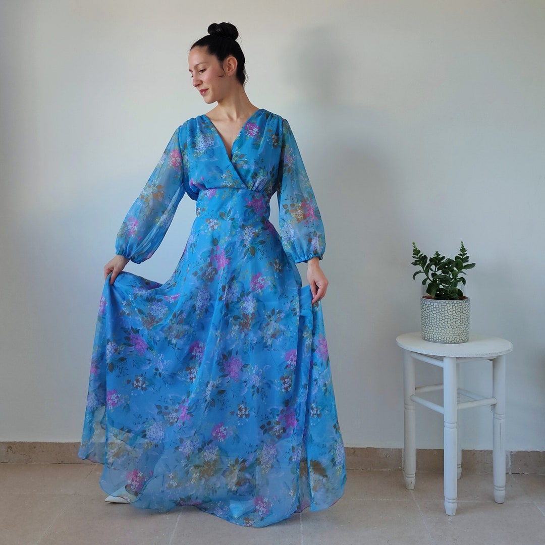 Blue Floral Full-lenght Ball Gown, Chiffon Long Floral Evening Gown ...
