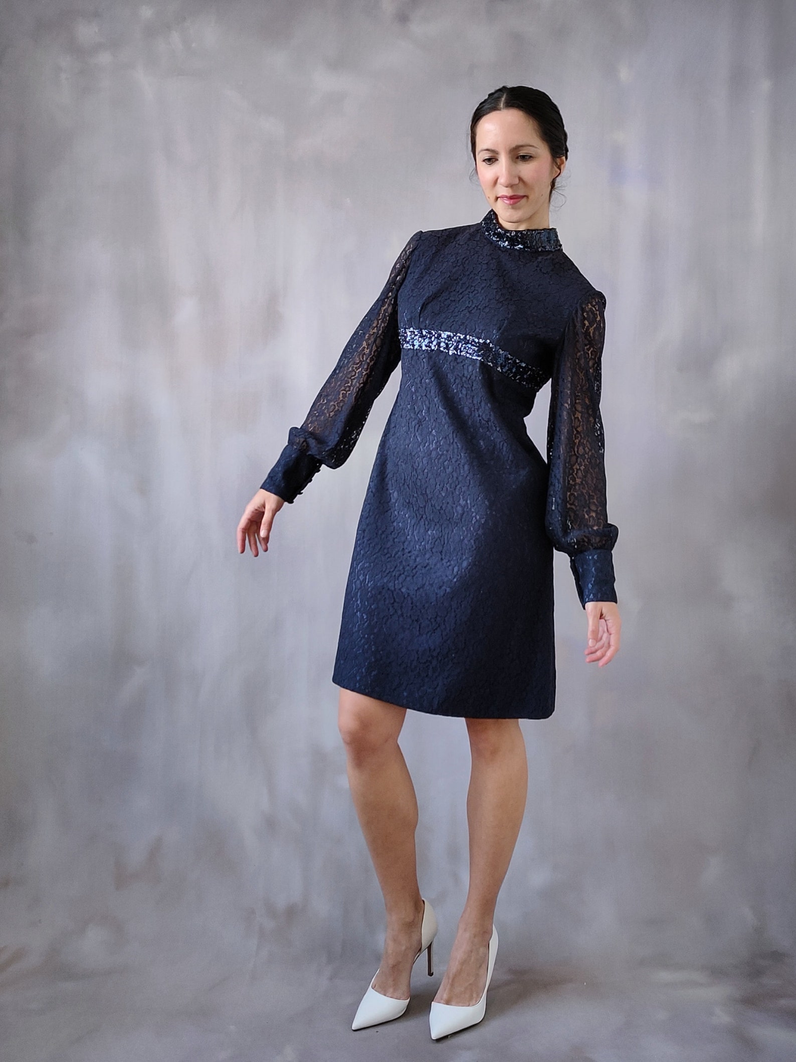 Dark Blue Lace Mini Dress, Old Money Elegant Sequin Party Dress ...