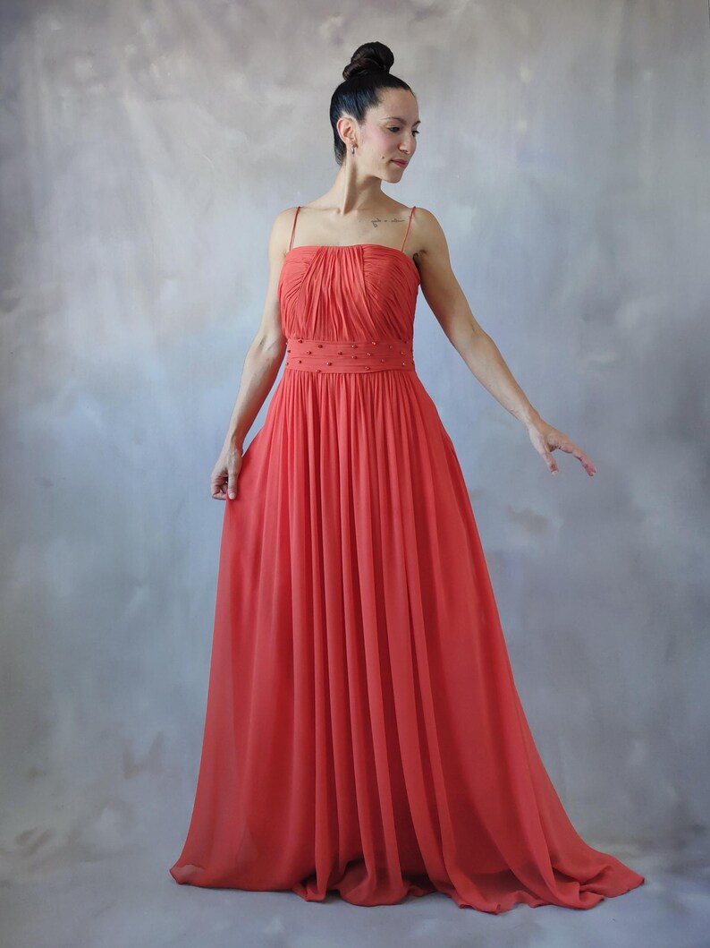Vintage Red Silk Evening Gown, Old Money Strappy Draped Rhinestones ...