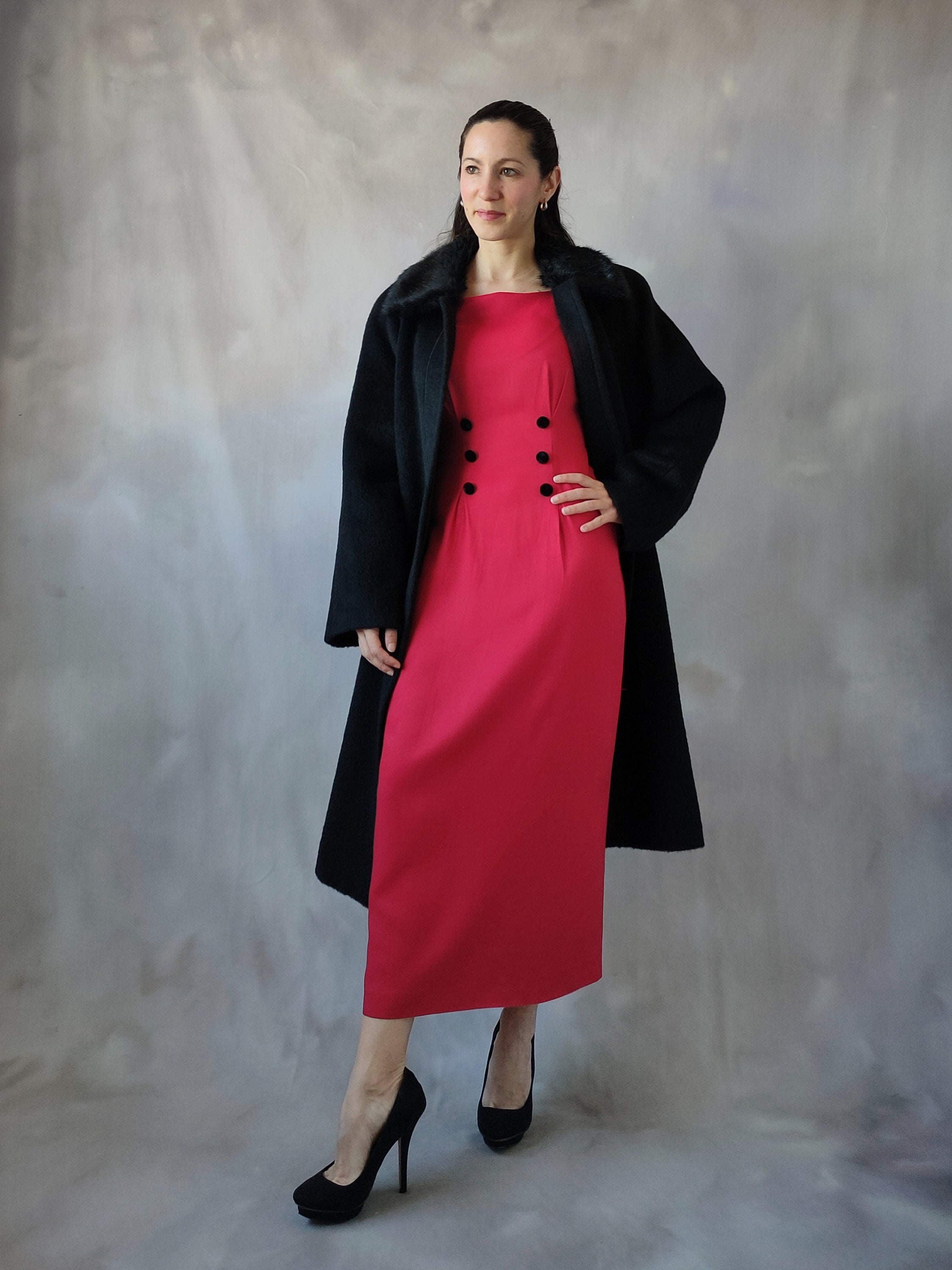 Vintage Red Unique Cocktail Dress, 40s Style Red Long Sleeve Elegant ...