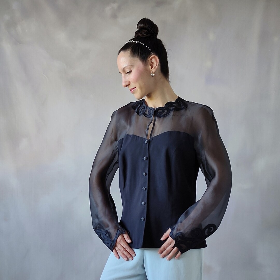 Vintage Midnight Blue Blouse Jacket, Vintage Blue Sheer Organza Formal ...