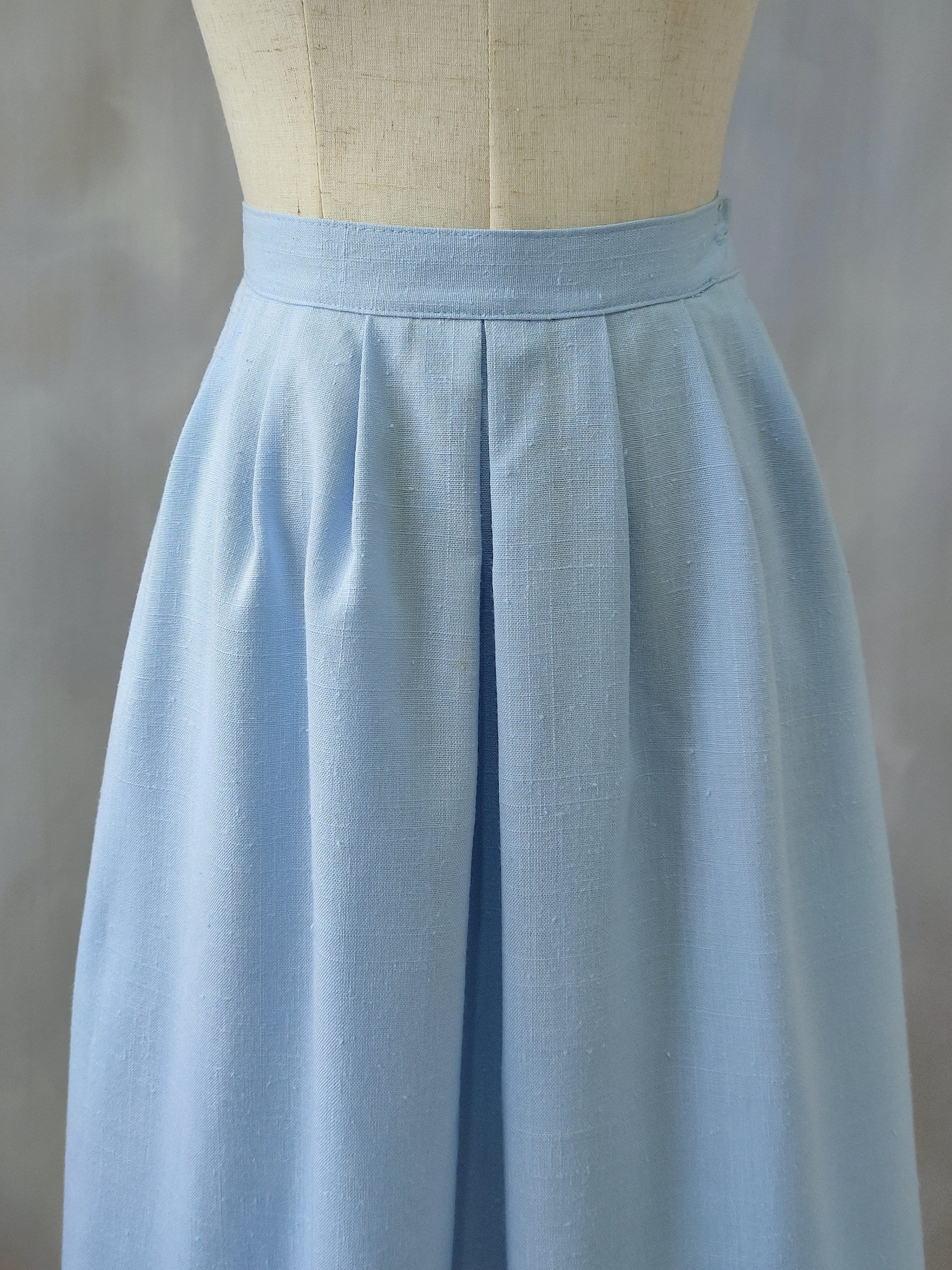 Light Blue Midi Pleated Skirt, Vintage Linen Midi Skirt, 80s Light Blue ...