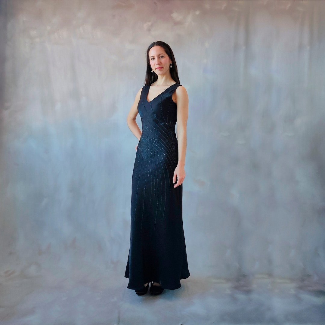 Vintage Satin Black Evening Gown, Vintage Black Formal Long Galactic ...