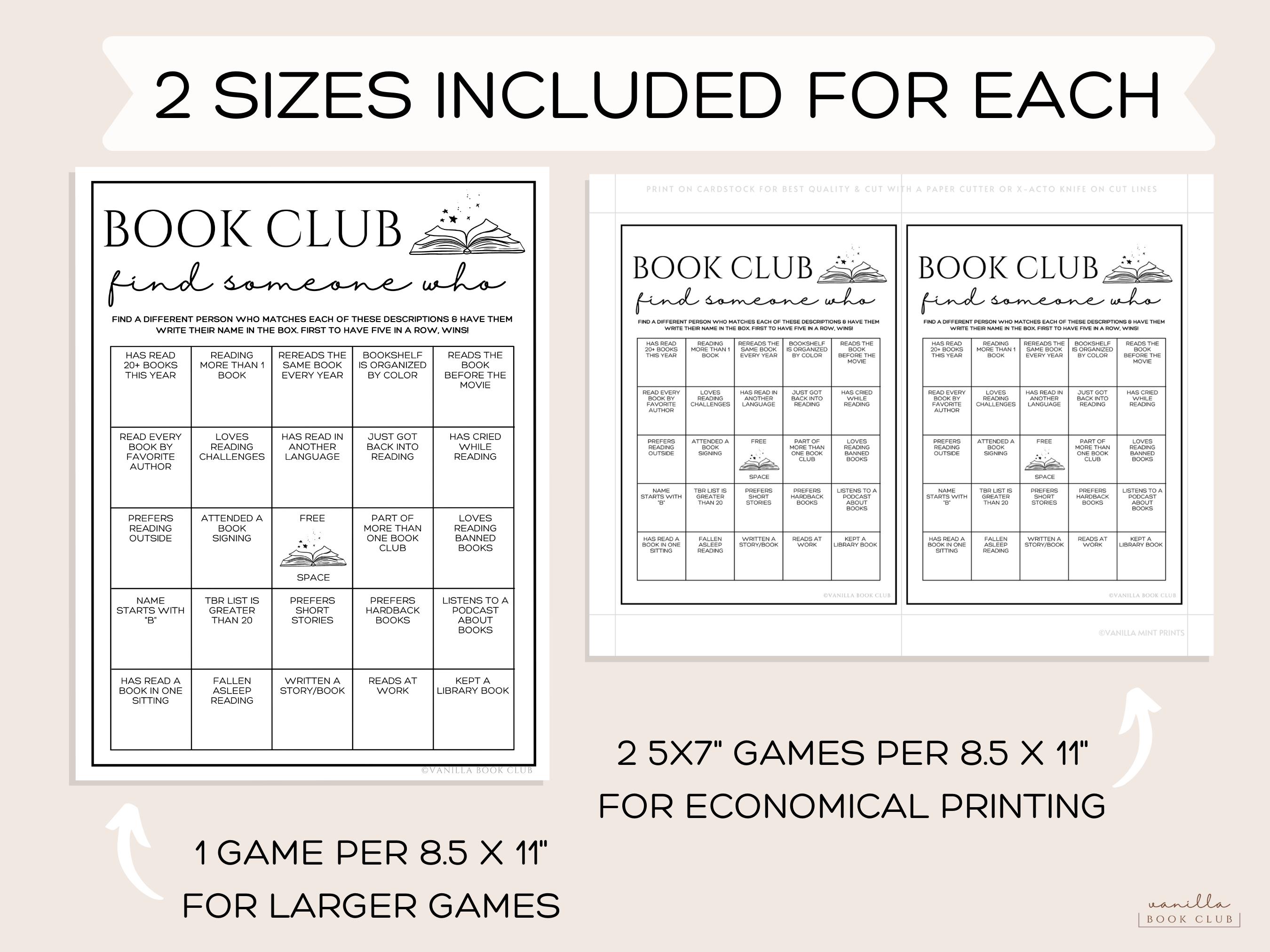 Book Club Games Find the Guest Bingo Book Club Bingo Find Someone Who ...