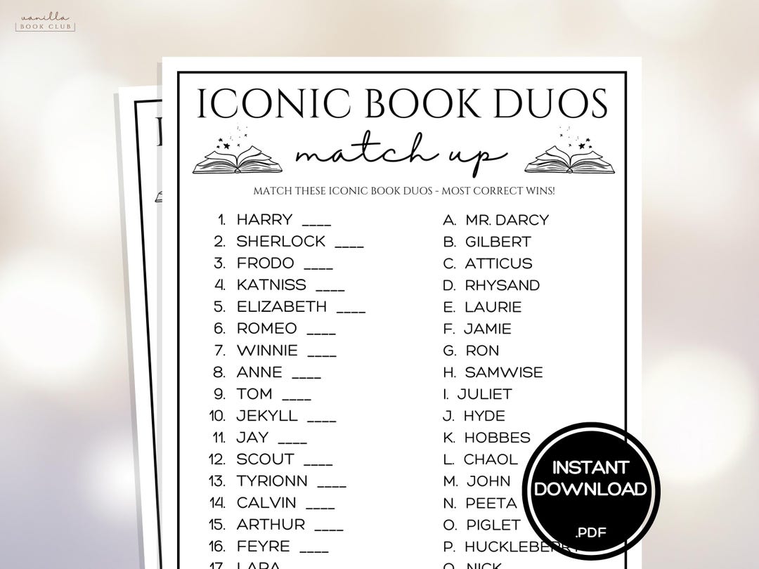 Book Club Games Iconic Book Duos Trivia Book Club Ice Breaker Games ...