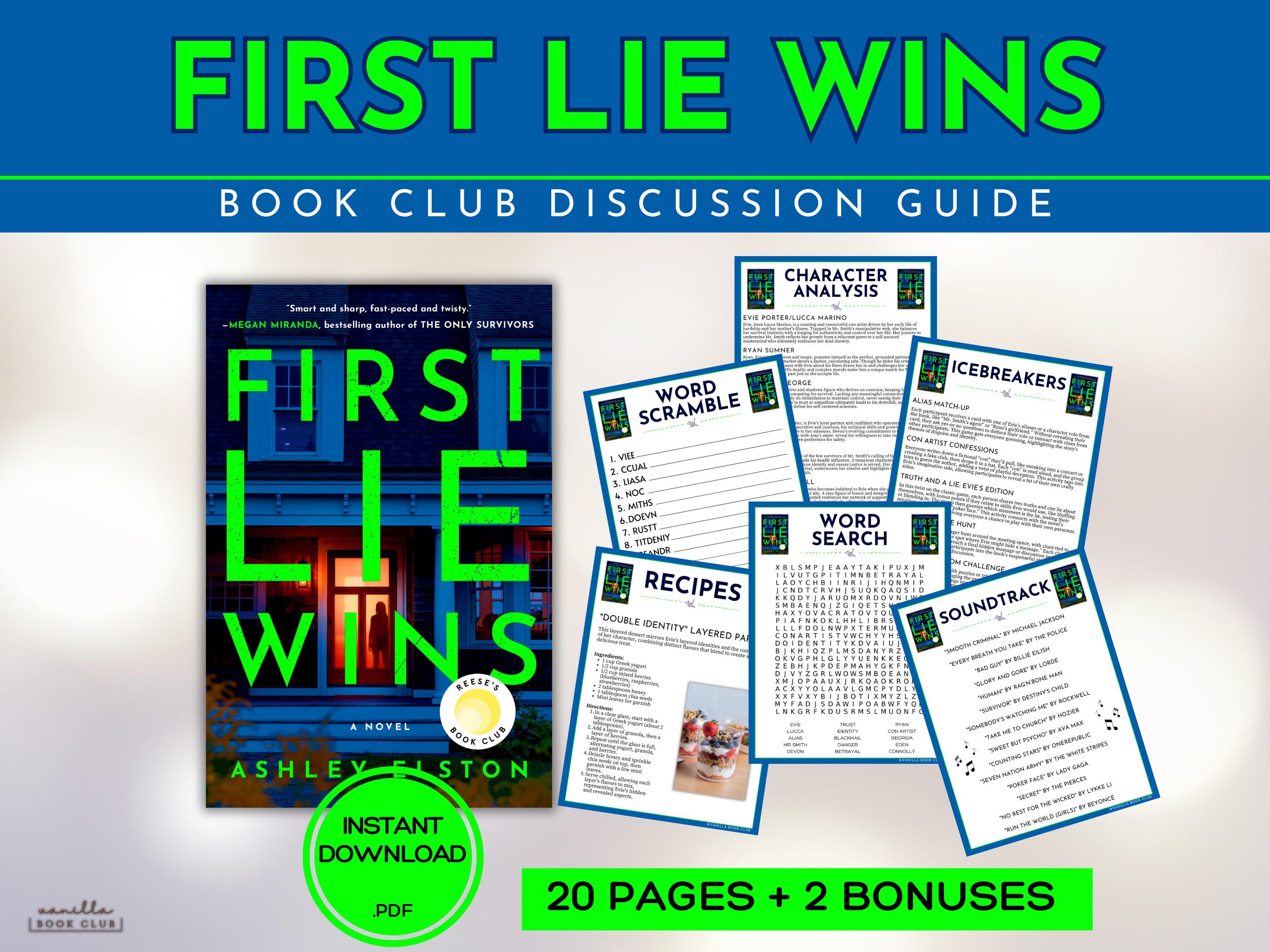 First Lie Wins Book Club Guide Book Club Games Book Discussion Questions Ashley Elston Book Club ...