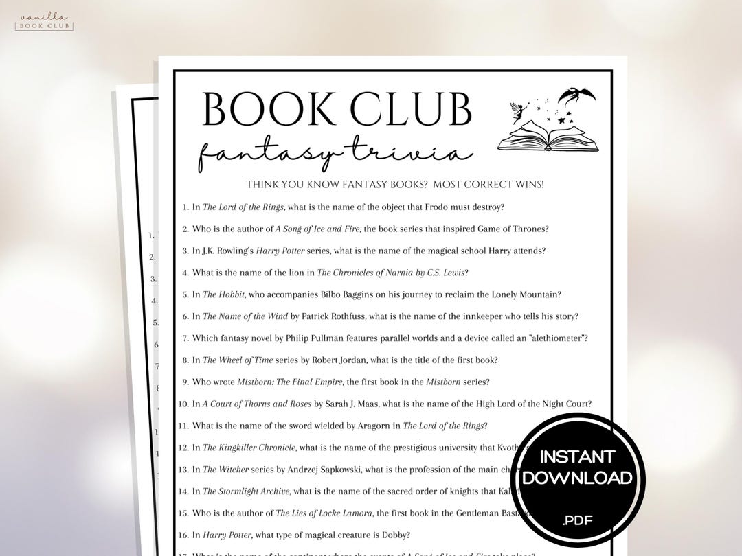 Book Club Games Fantasy Books Trivia Book Club Ice Breaker Games Ladies ...