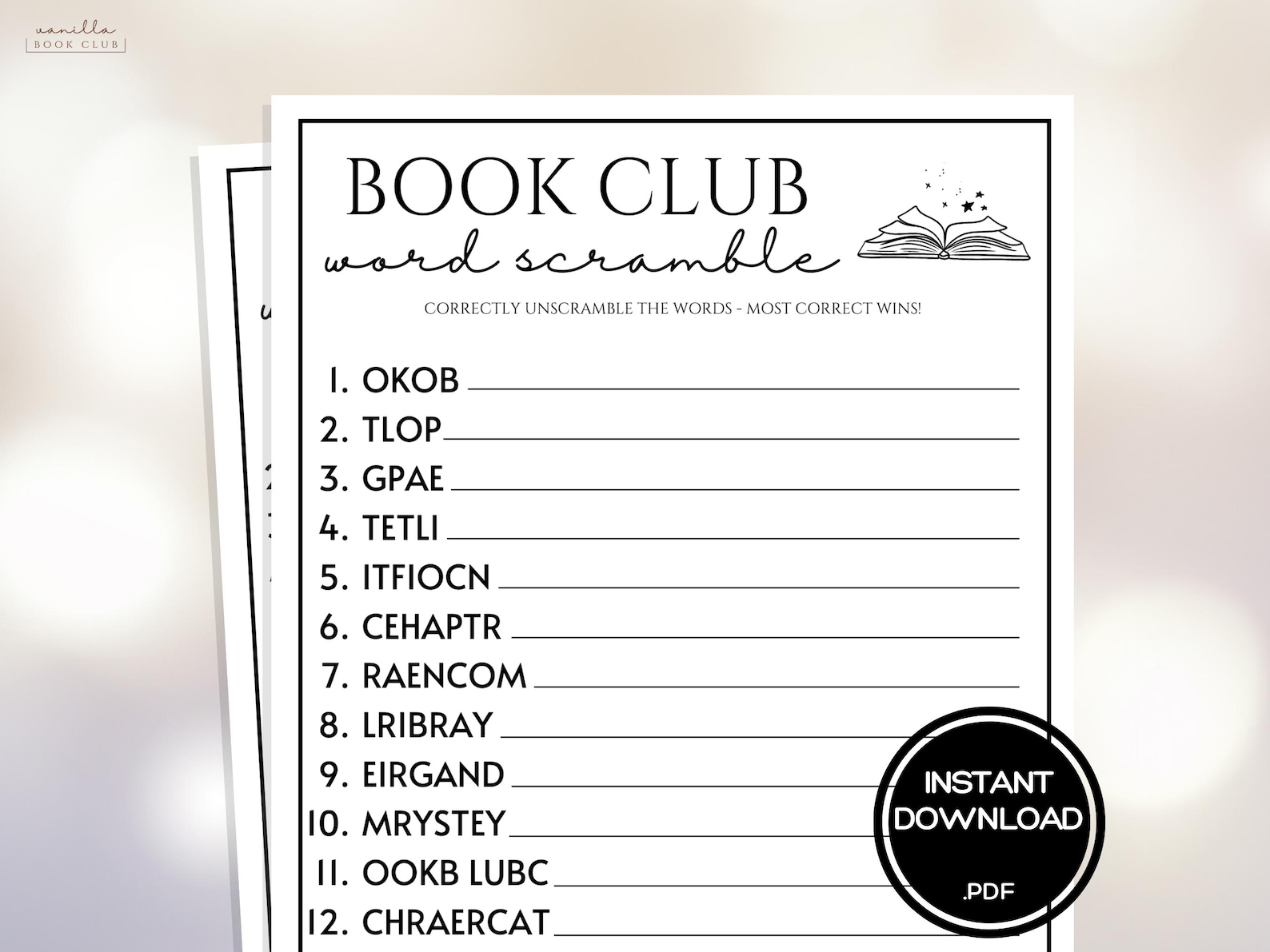 Book Club Games Word Scramble Book Club Ice Breaker Games Ladies Night ...