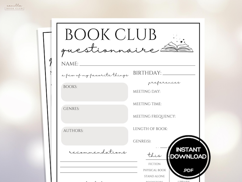Book Club Games Questionnaire Book Club Ice Breaker Games Ladies Night ...