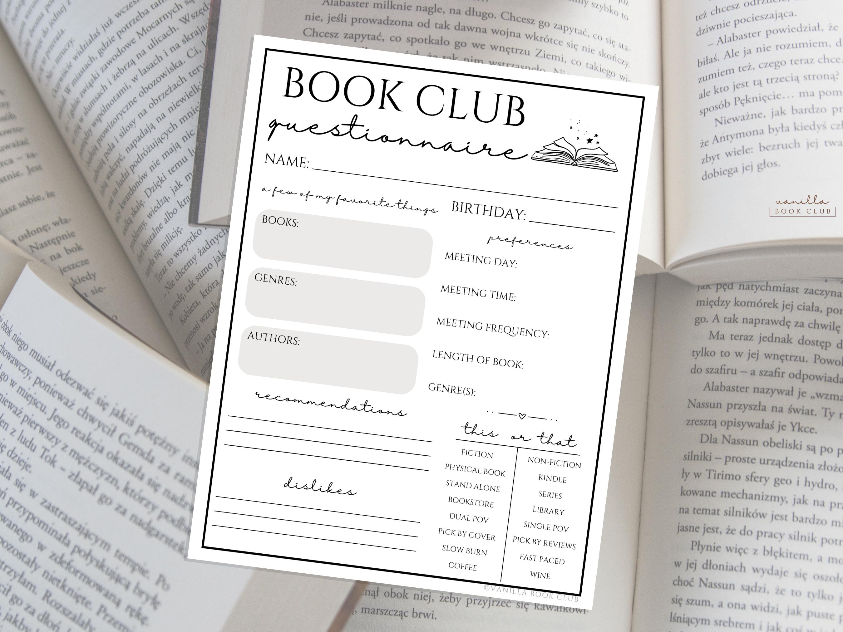 Book Club Games Questionnaire Book Club Ice Breaker Games Ladies Night ...