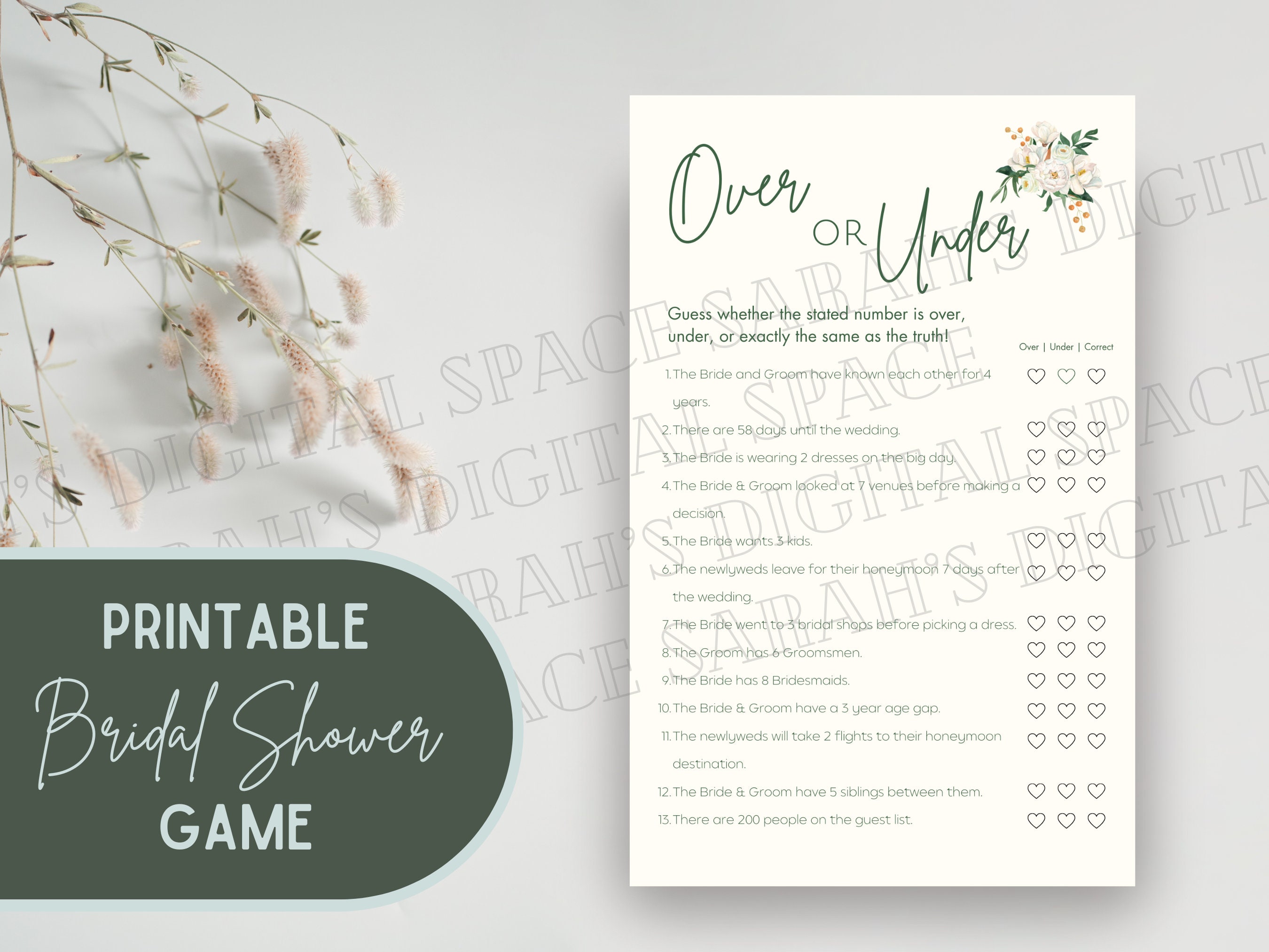 Bridal Over Under Game Printable Bridal Shower Game Yellow Floral ...