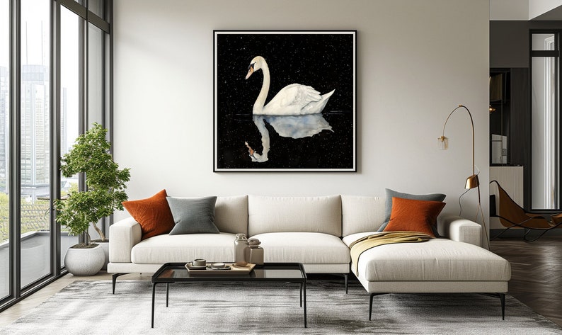 PRINTABLE White Swan Black Background | Swan at Night Vintage Oil ...