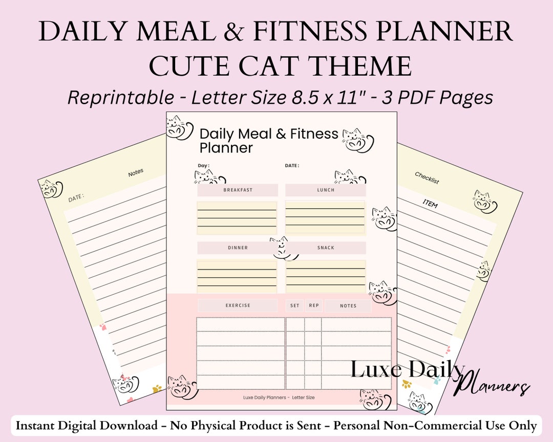 Cute Cat Daily Meal and Fitness Planner Colorful Printable for Self ...