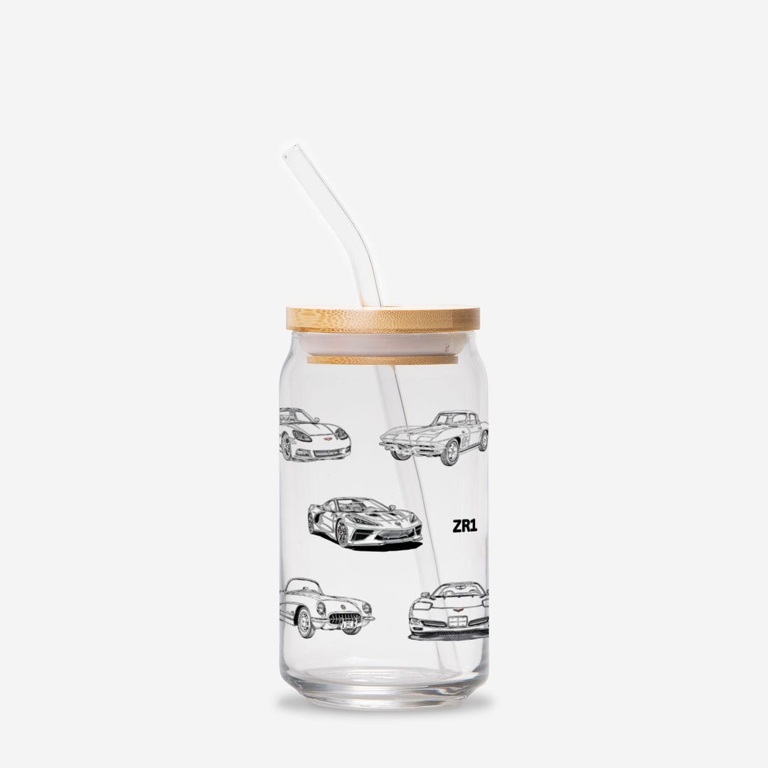 Iconic Corvettes Glass Can With Optional Lid & Straw 16 Oz Classic Car ...