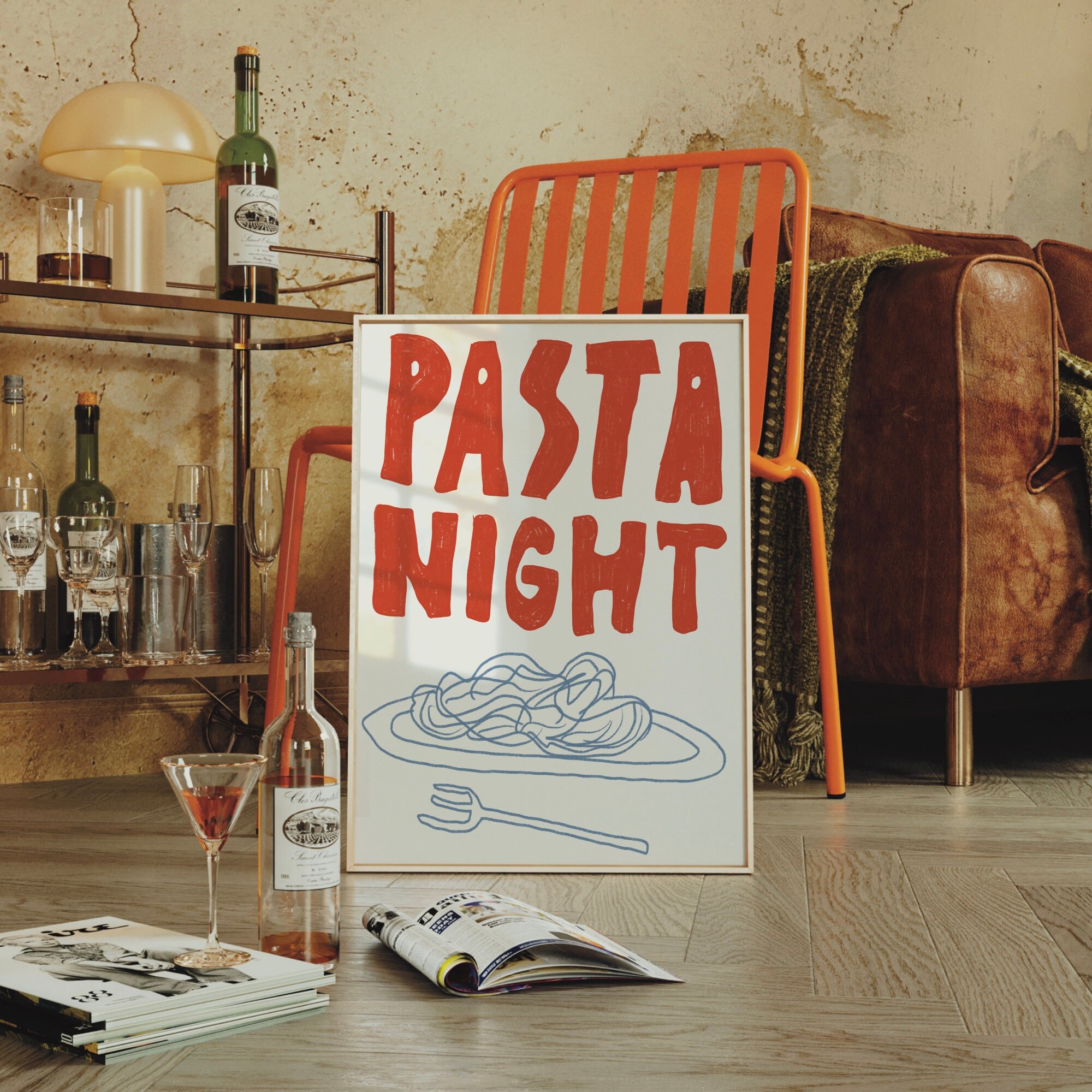 Pasta Night Poster, Spaghetti Wall Art, Hand Drawn Pasta Decor, Dining ...