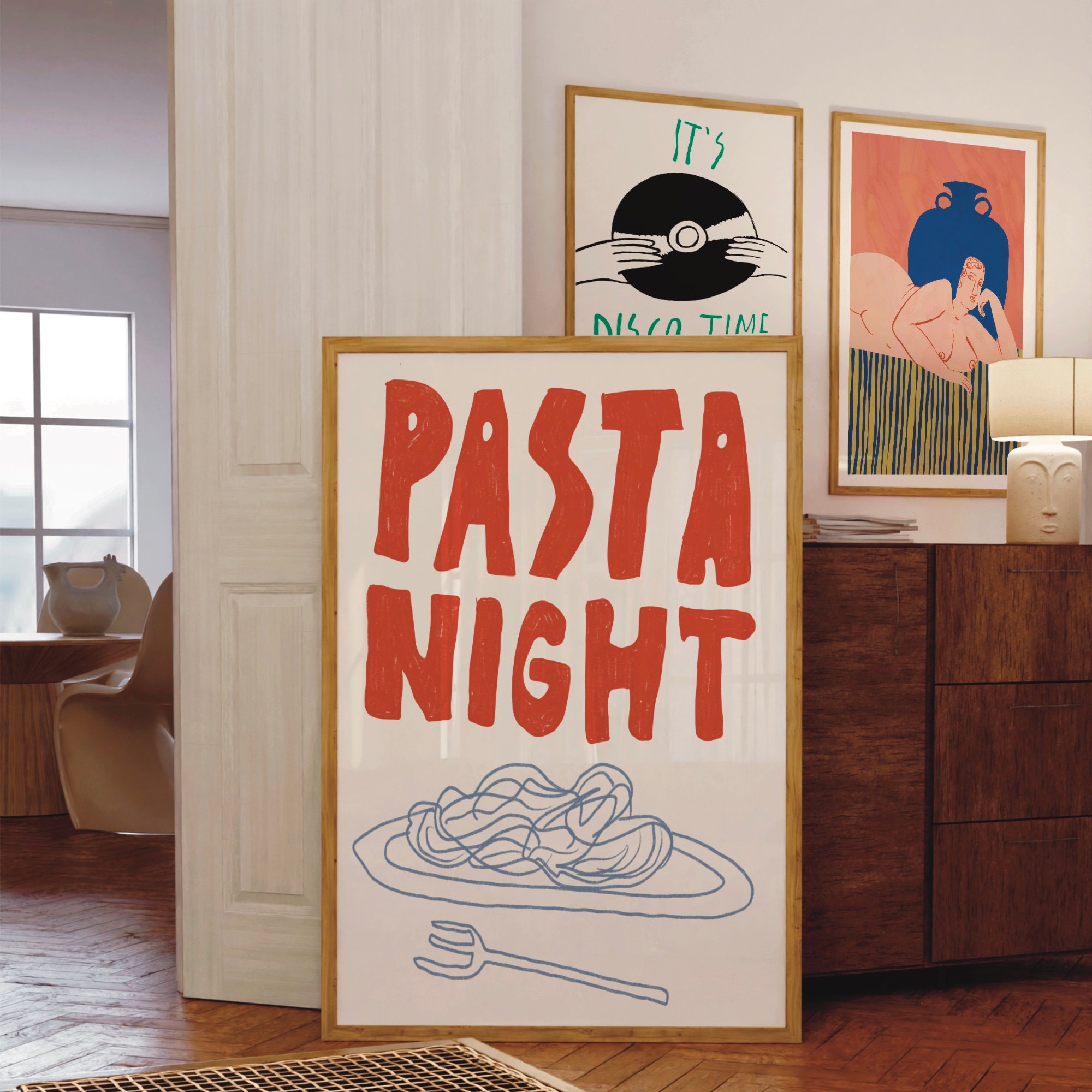 Pasta Night Poster, Spaghetti Wall Art, Hand Drawn Pasta Decor, Dining ...