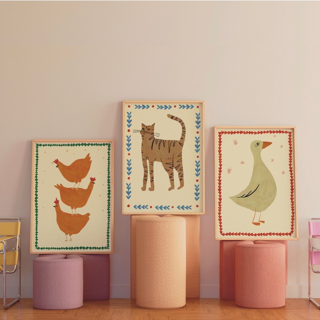 Set of 3 Farm Animals Print, Art Bundle Children Bedroom, Vintage ...