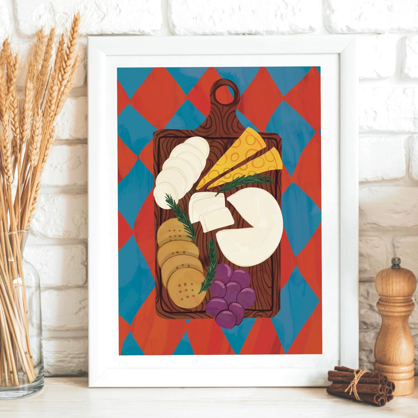 Cheese Plate Wall Art Checkerboard Print Modern Handmade Art Kitchen ...