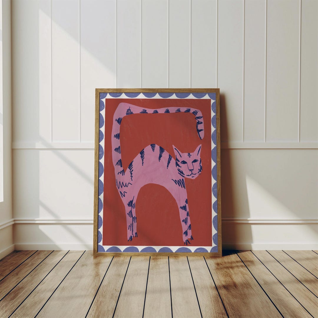 Funny Pink Cat Art, Quirky Cat Wall Print, Colourful Cottage Core Wall ...