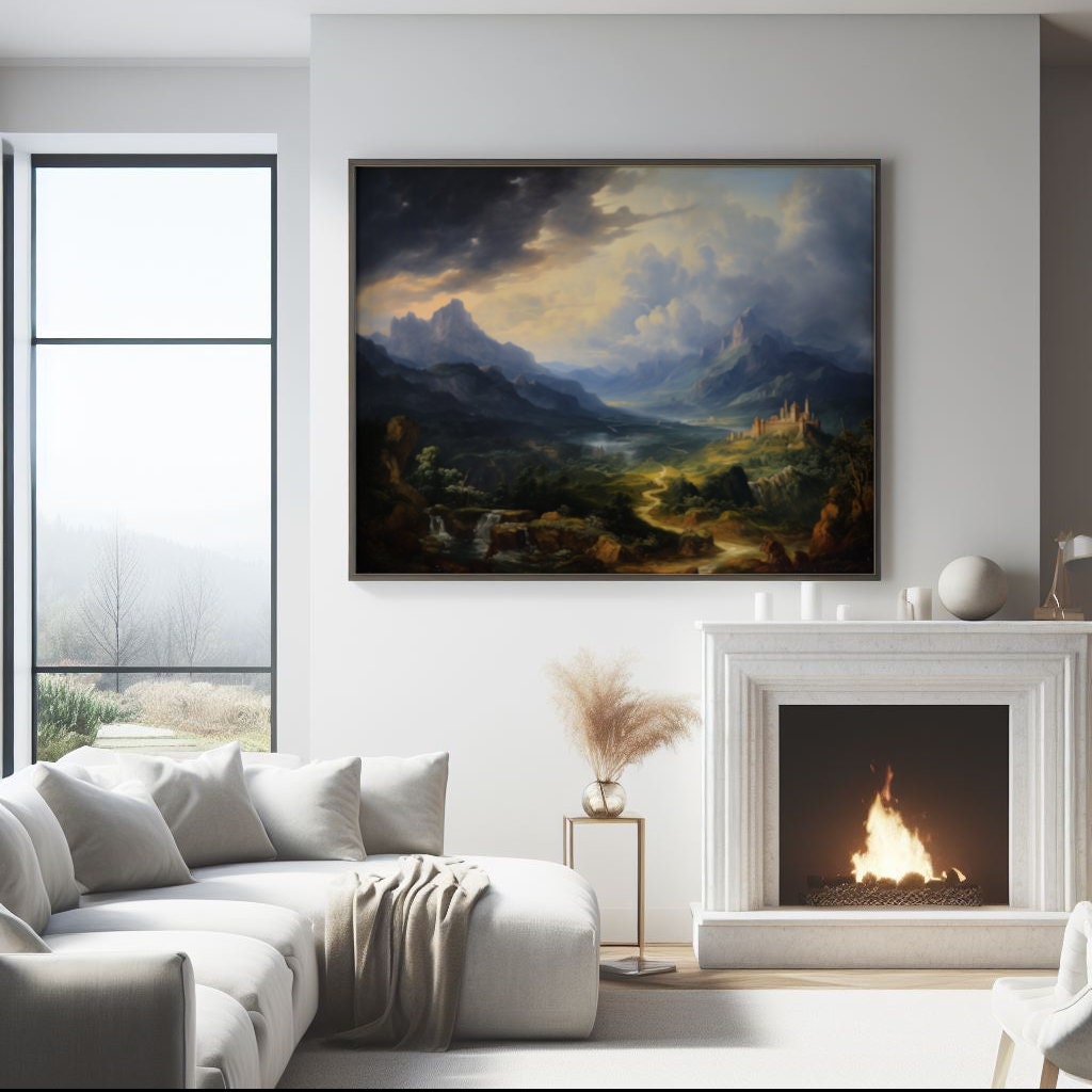 Renaissance Inspired Castle Landscape, Cloudy Mountain Scene, Printable ...