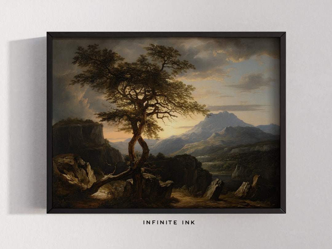 Renaissance Inspired Sunset Lone Tree Oil Painting, Vintage Landscape ...