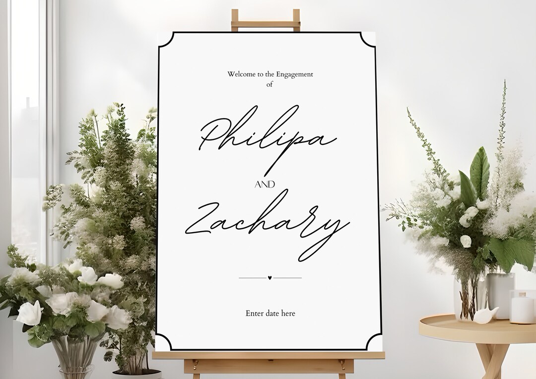 Simple Heart Engagement Sign Template. Cursive Welcome Sign for Wedding ...