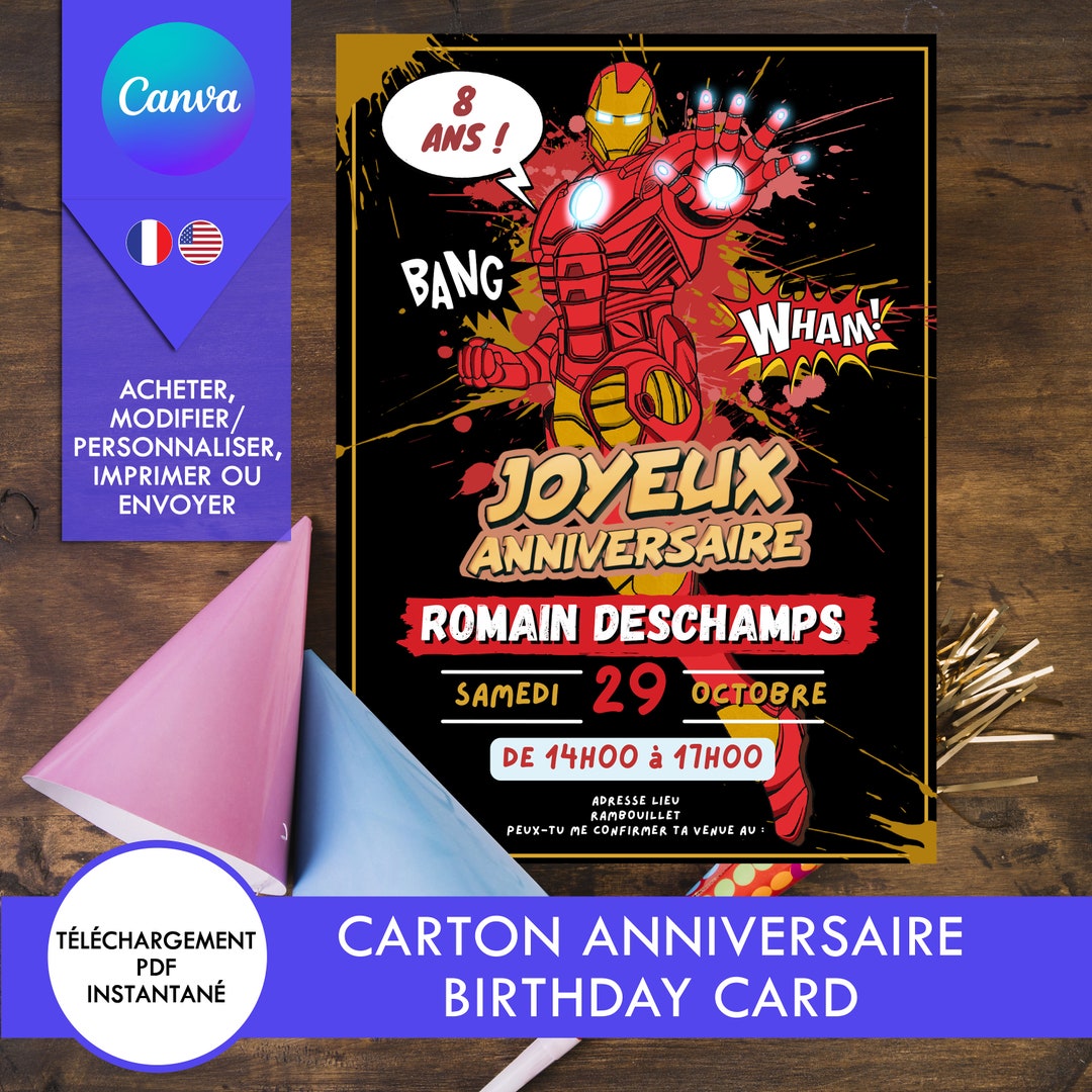Announcement, Editable Iron Man Birthday Card, Children's Birthday ...