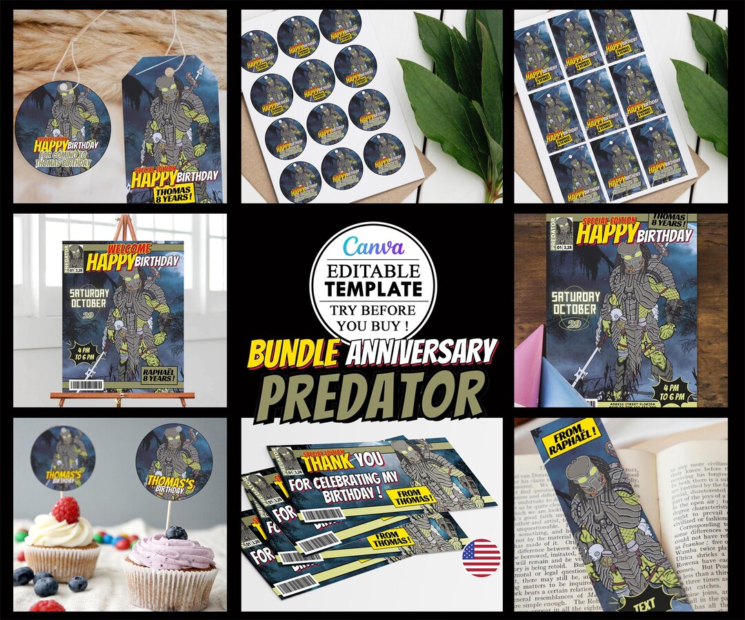 Predator Birthday Party Pack, Editable Canva Children's Birthday Party ...