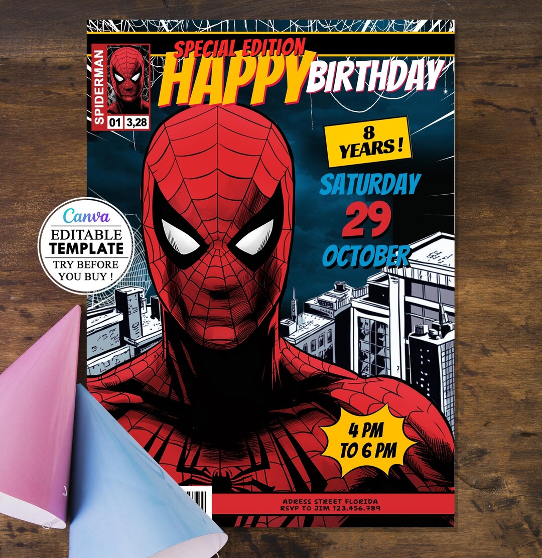 Spiderman Birthday Card, Kids Birthday Party Invitation Card Editable ...