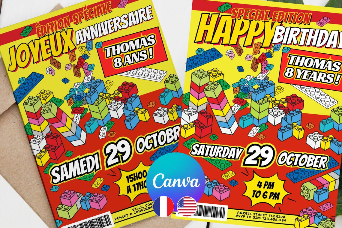 Kids Birthday Card Building Blocks, Birthday Party Invitation Card ...