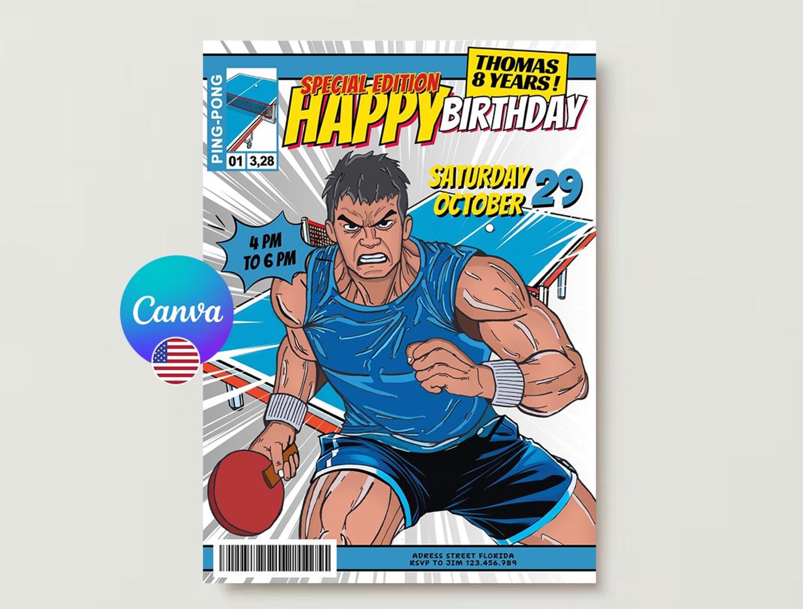 Ping-pong Sport Birthday Card, Editable Kids Birthday Party Invitation ...