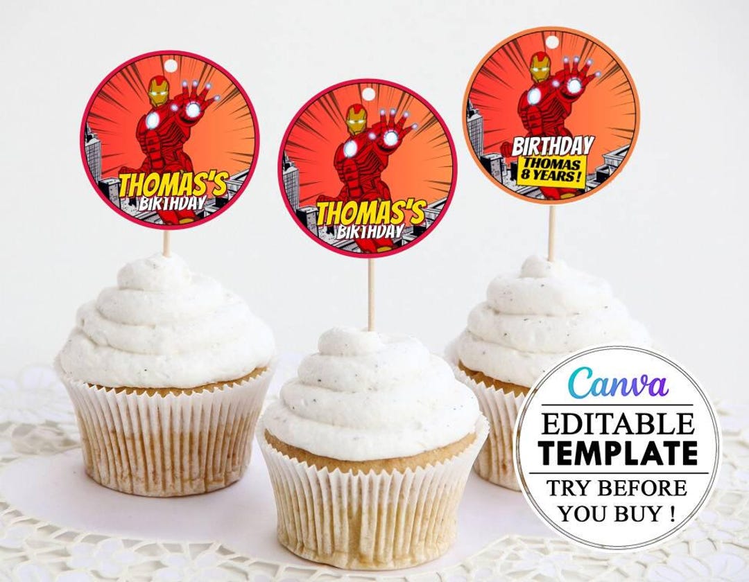 Iron Man Cupcake Topper Template Editable Canva, Cupcake Printable ...