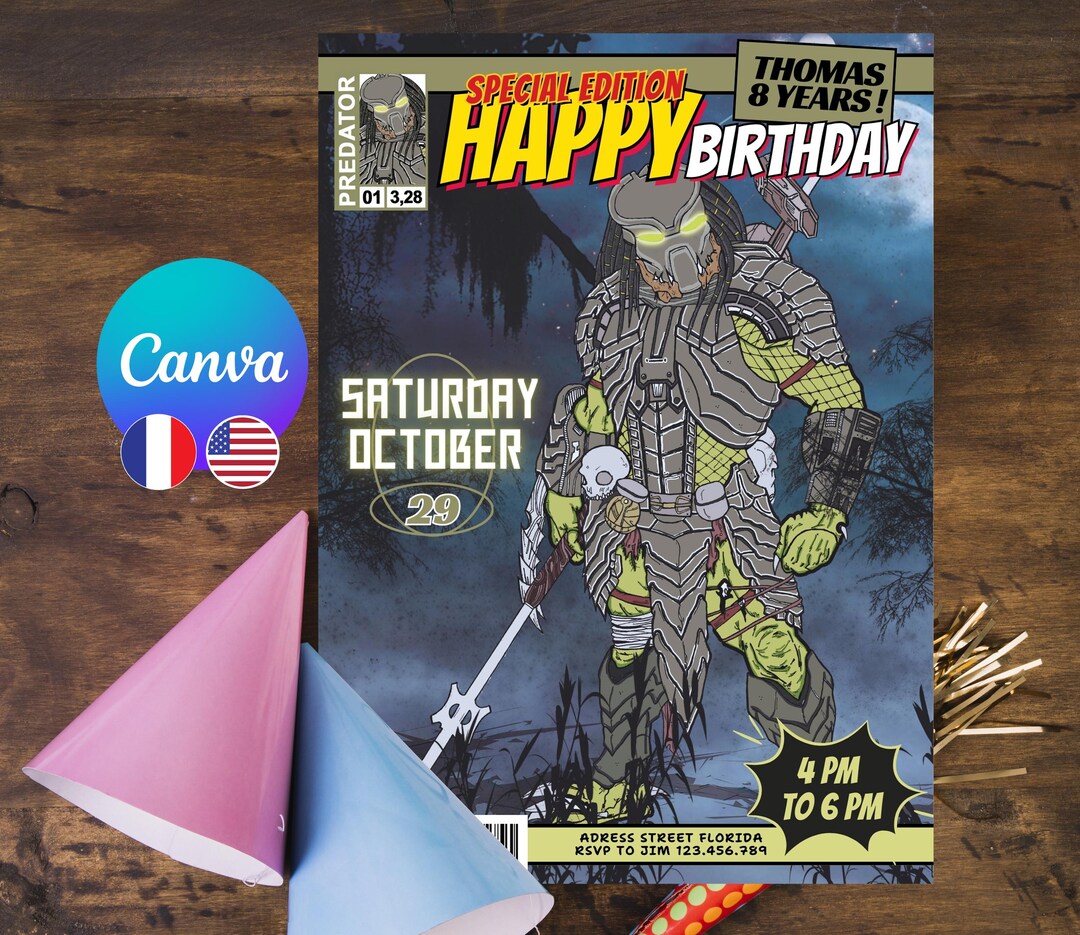 Predator Birthday Card, Kids Birthday Party Invitation Card Editable ...
