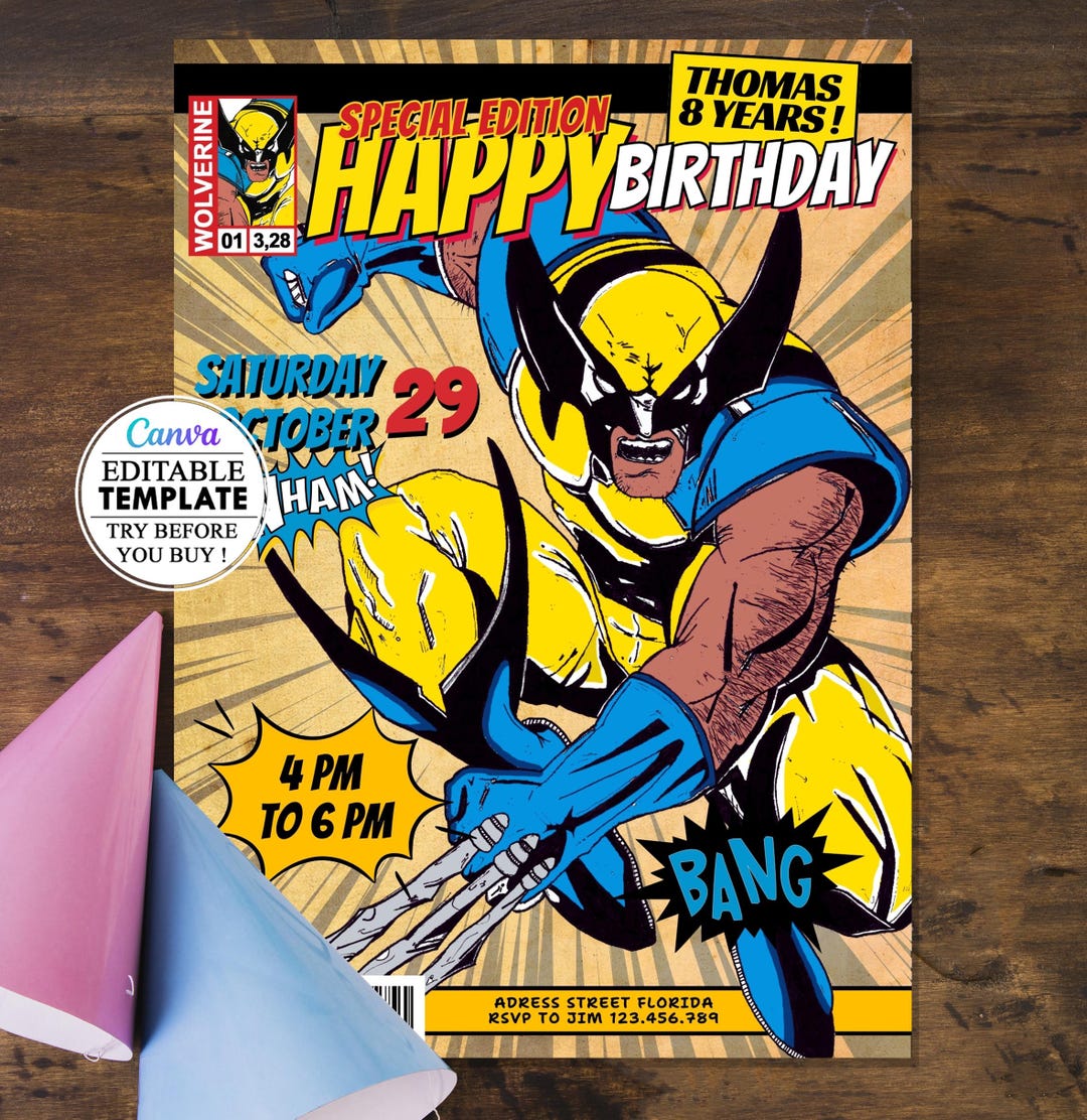 Wolverine Comics Birthday Card, Editable Canva Children's Birthday Card ...