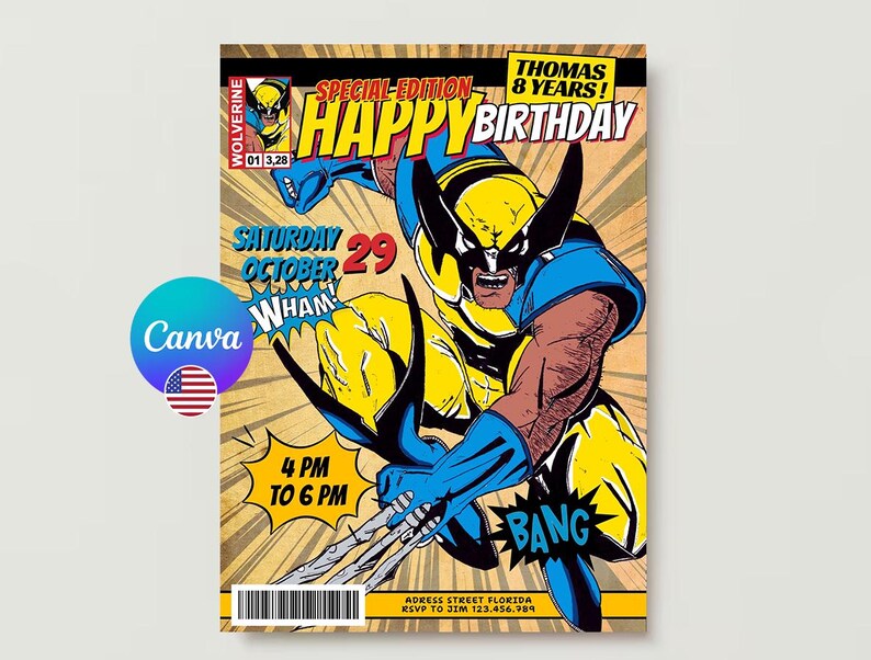 Wolverine Comics Birthday Card, Editable Canva Children's Birthday Card ...