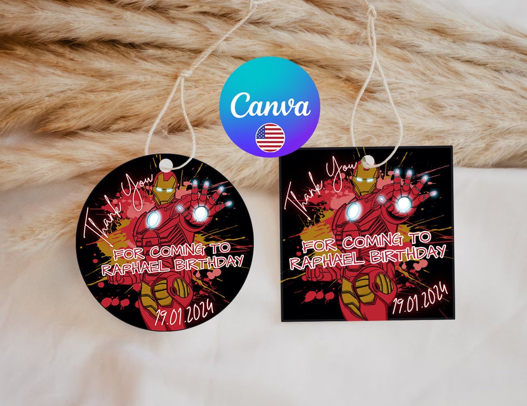 Round Favor Tag Template, Iron Man Round Tag, Square Tag, Editable ...