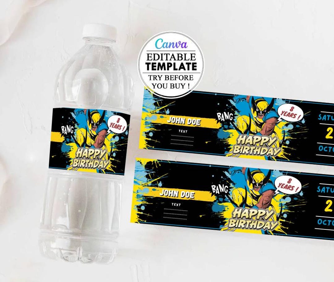 Wolverine Kids Birthday Water Bottle Label, Wolverine Kids Water Bottle ...