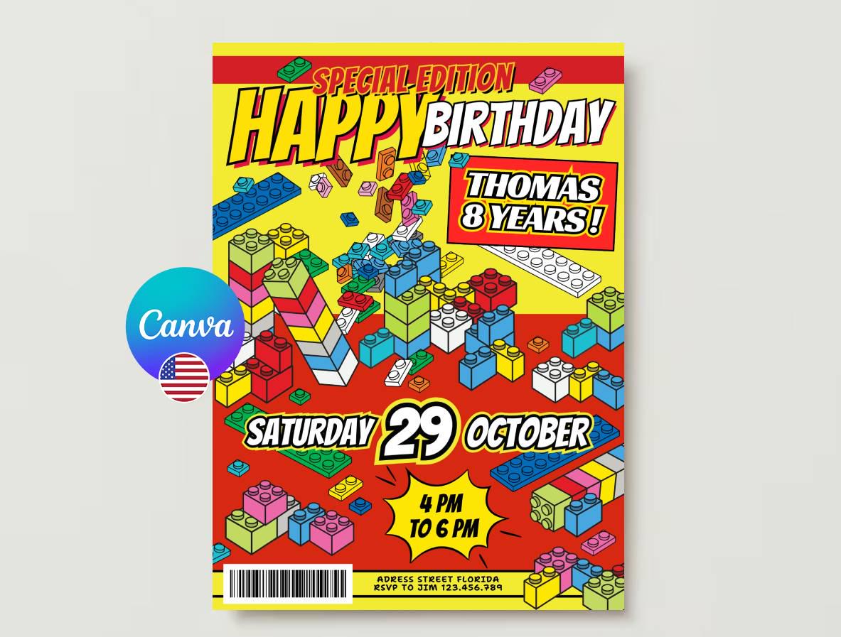 Kids Birthday Card Building Blocks, Birthday Party Invitation Card ...