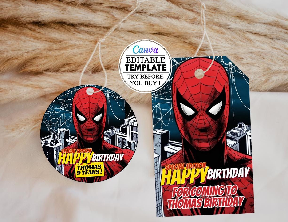 Editable Spiderman Favor Tag Round Template, Spiderman Round Tag ...