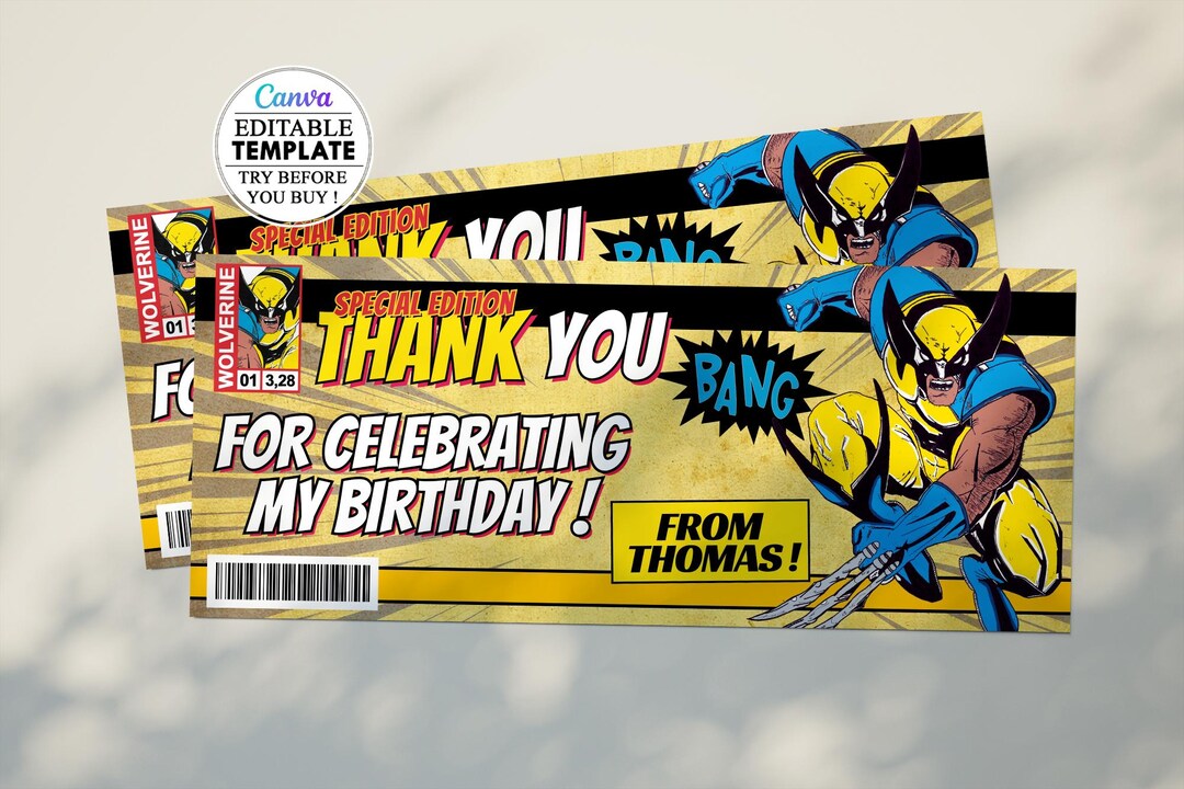 Wolverine Comics Birthday Card, Editable Kids Birthday Party Invitation ...